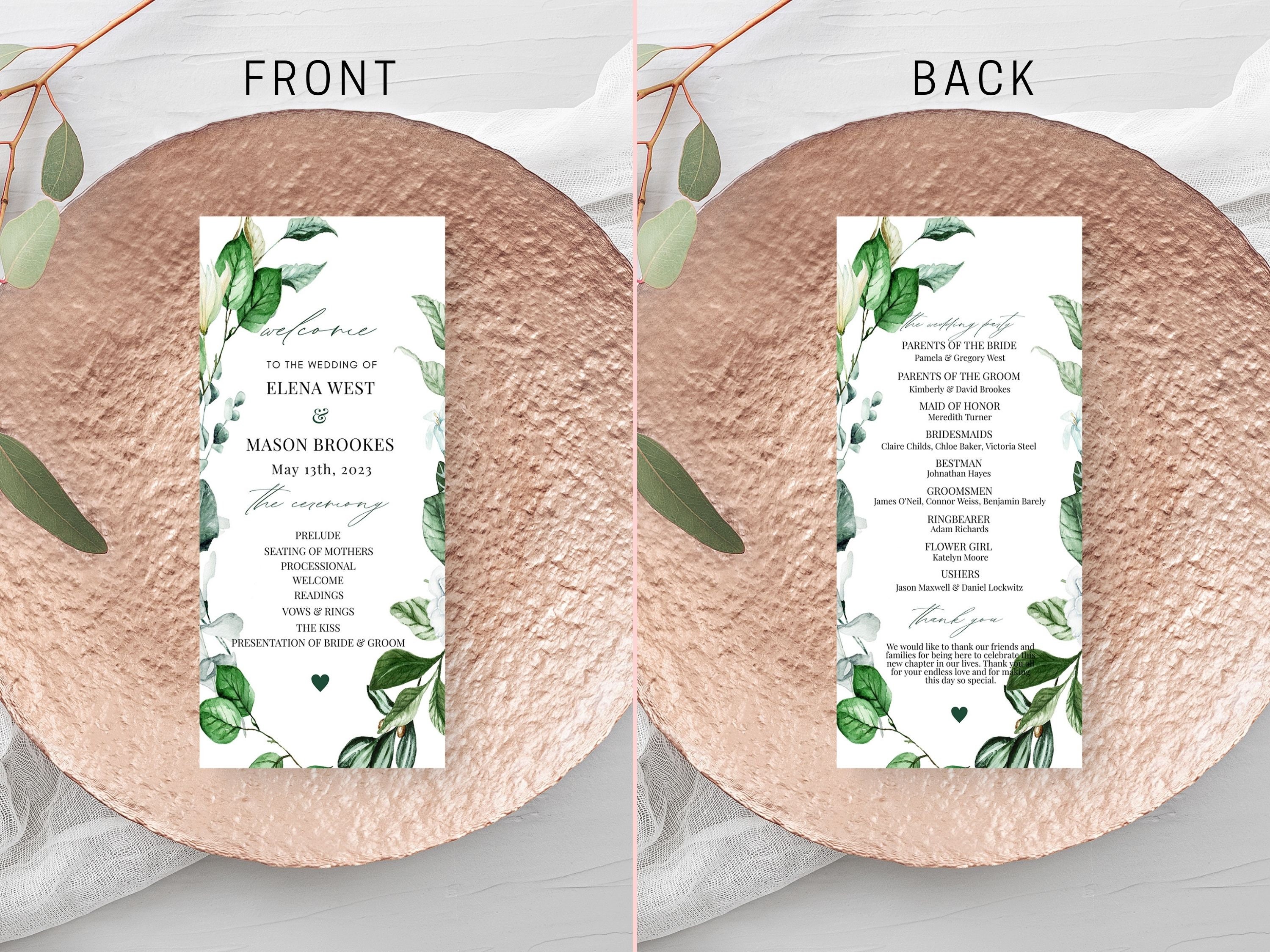 Green Foliage Wedding Program Template, Classic Wedding Program ...