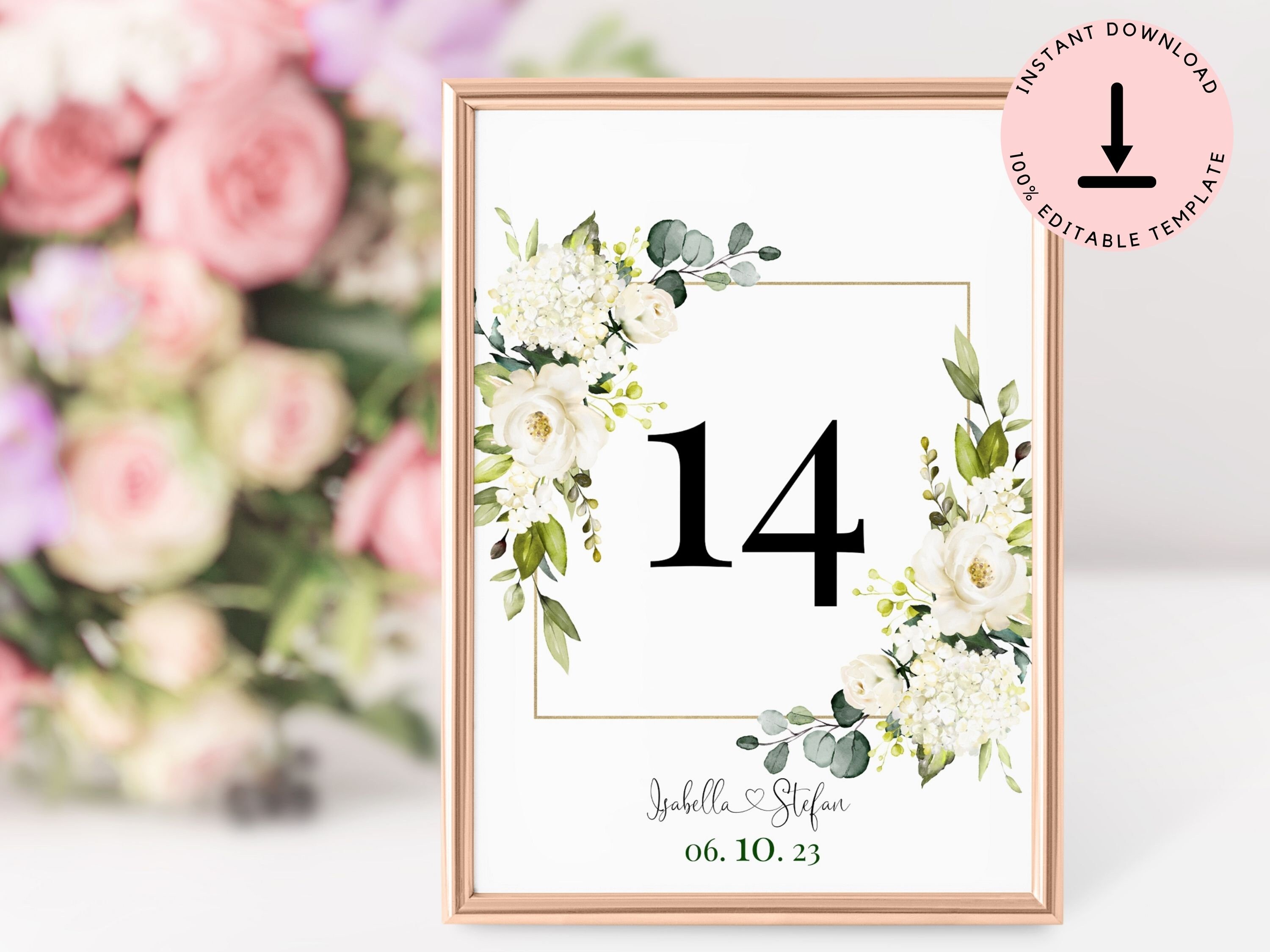White Roses Wedding Table Numbers Template Table Numbers | Etsy