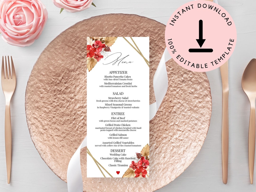 Red Floral Wedding Menu Template, Simple Wedding Menu, Minimalist ...