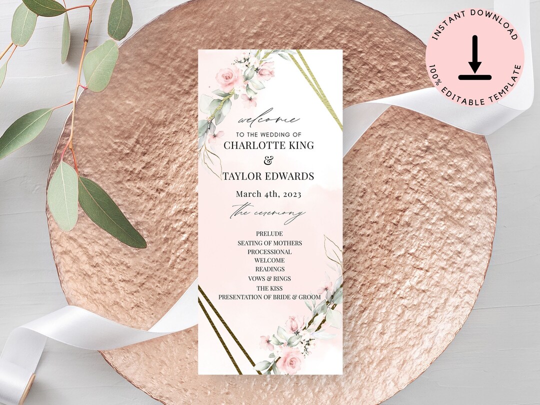 Blush Roses Wedding Program Template, Classic Wedding Program Template Download, Wedding ...