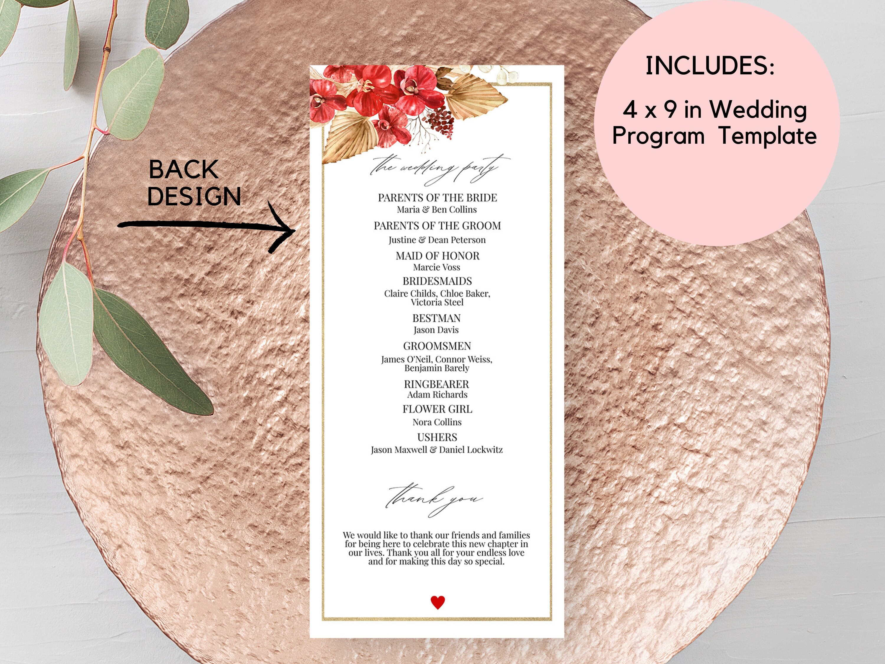 Wedding Program Template, Red Floral Wedding Program/menu, Winter ...