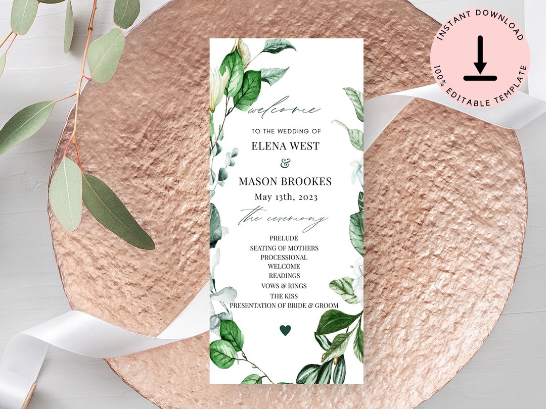 Green Foliage Wedding Program Template, Classic Wedding Program ...