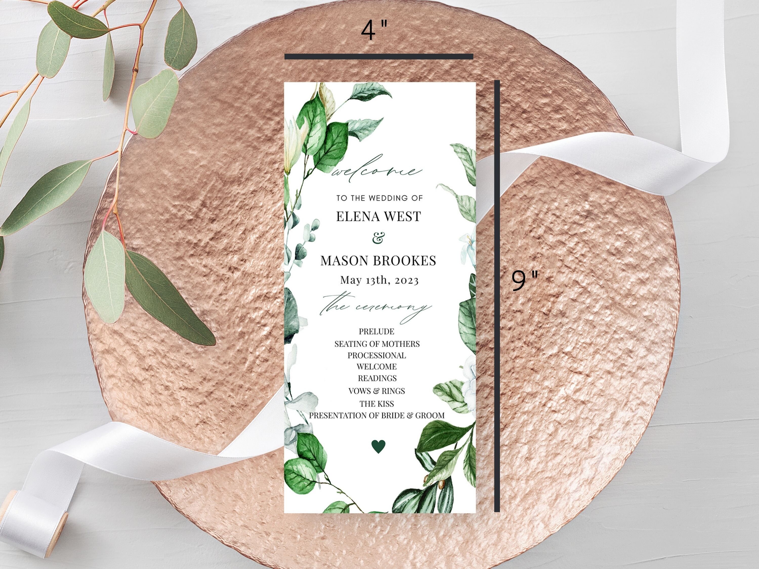 Green Foliage Wedding Program Template, Classic Wedding Program ...