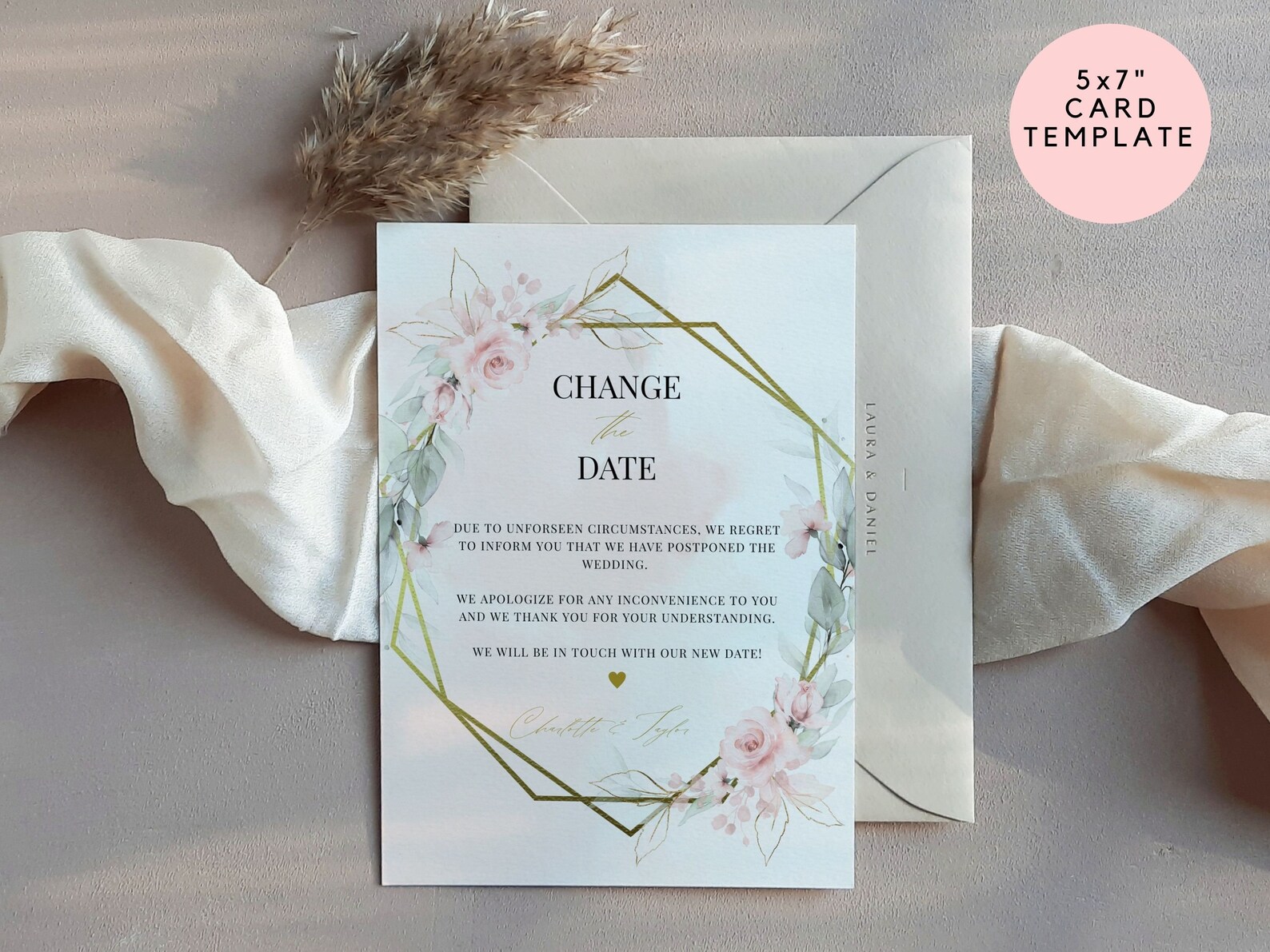 Blush Pink Floral Change the Date Template, Change of Plans, Wedding ...