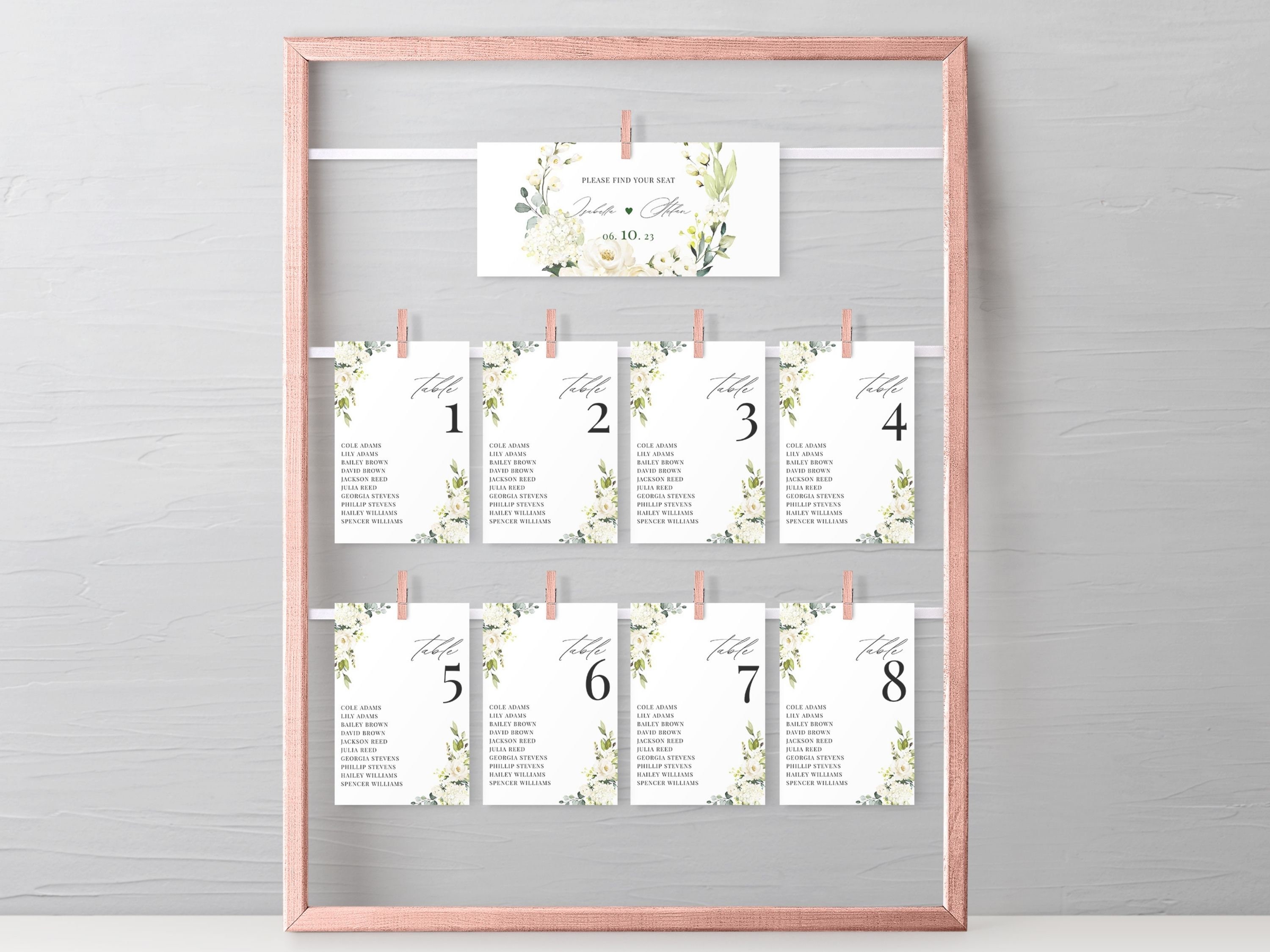 White Roses Hanging Seating Chart Template, Wedding Seating Chart Board ...