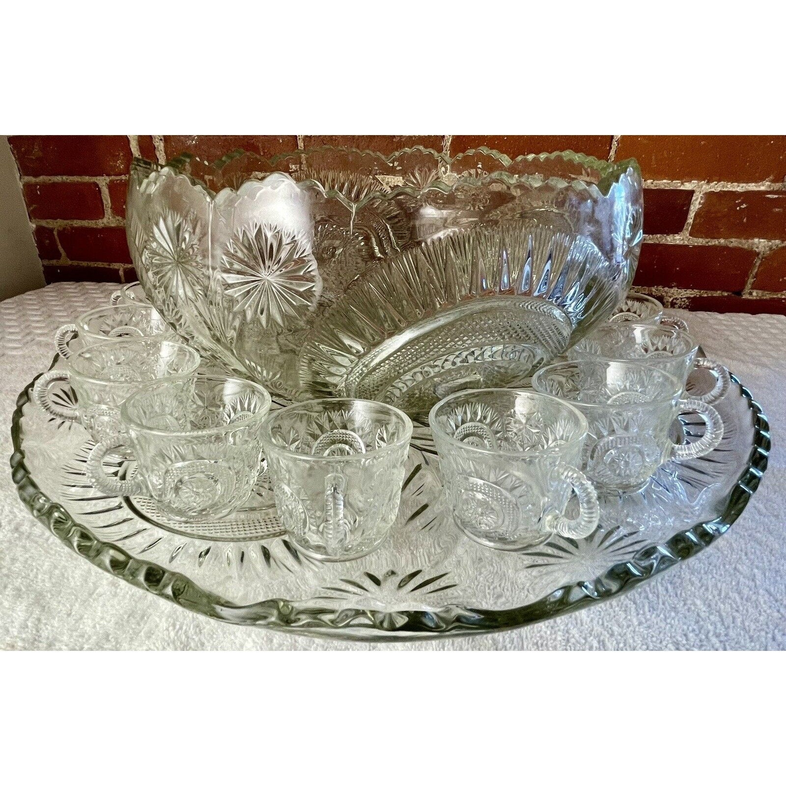 Extra Large Pressed Sawtooth Cut Glass Punch Serving Bowl Pedestal Tray ...