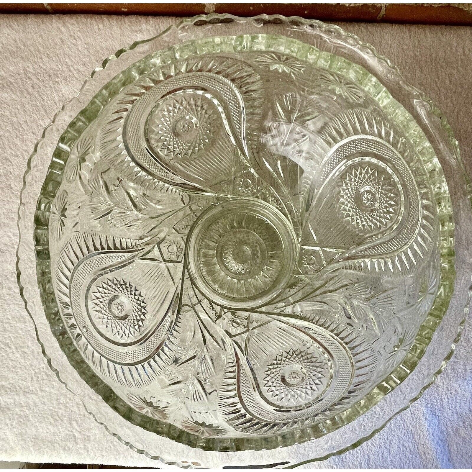 Extra Large Pressed Sawtooth Cut Glass Punch Serving Bowl Pedestal Tray ...