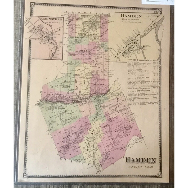 Antique 1869 Map of Hamden New York Hand Colored Engraving Map on ...