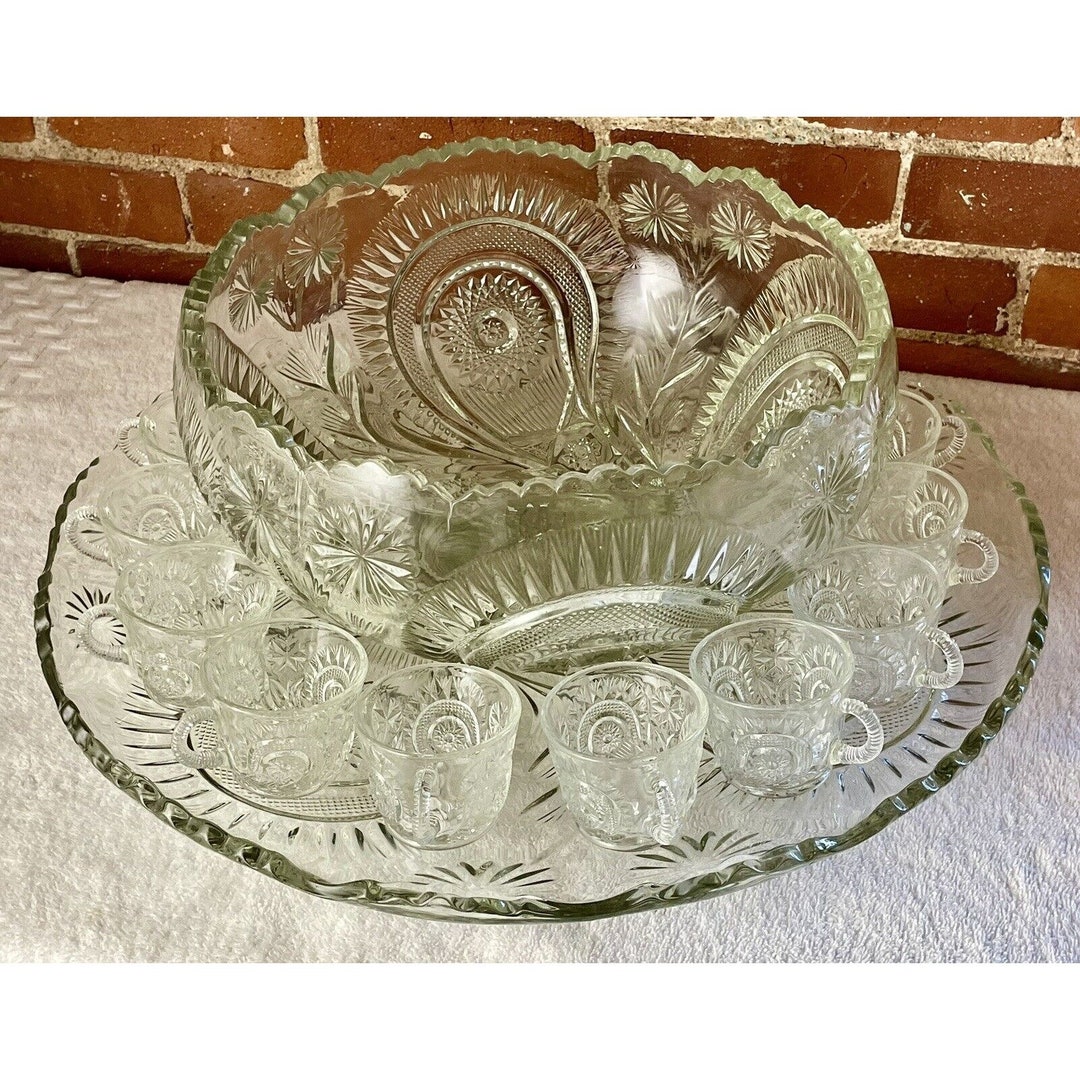 Extra Large Pressed Sawtooth Cut Glass Punch Serving Bowl Pedestal Tray ...