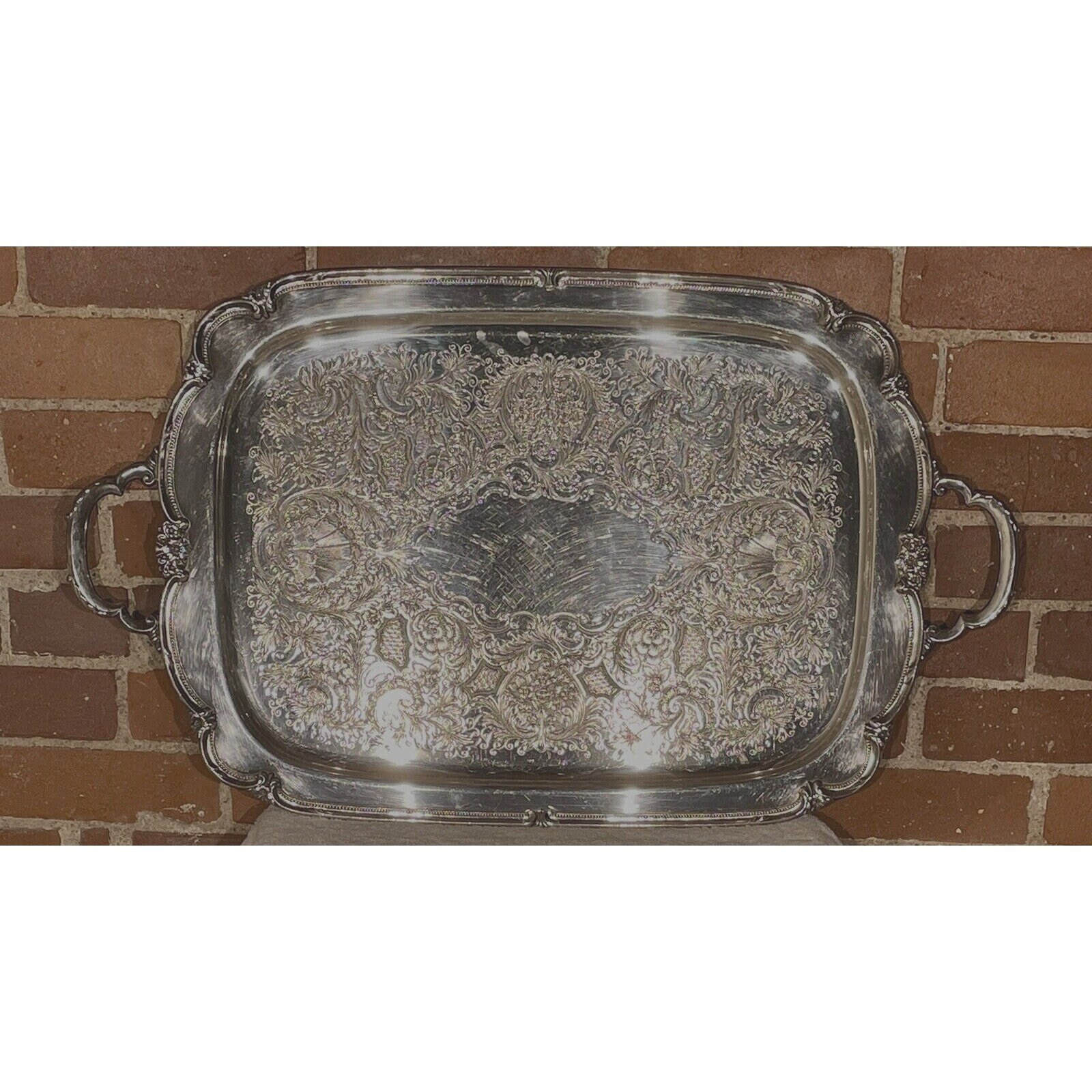 Large Antique Silver Plated Butlers Serving Tray Handled Ornate Rogers ...