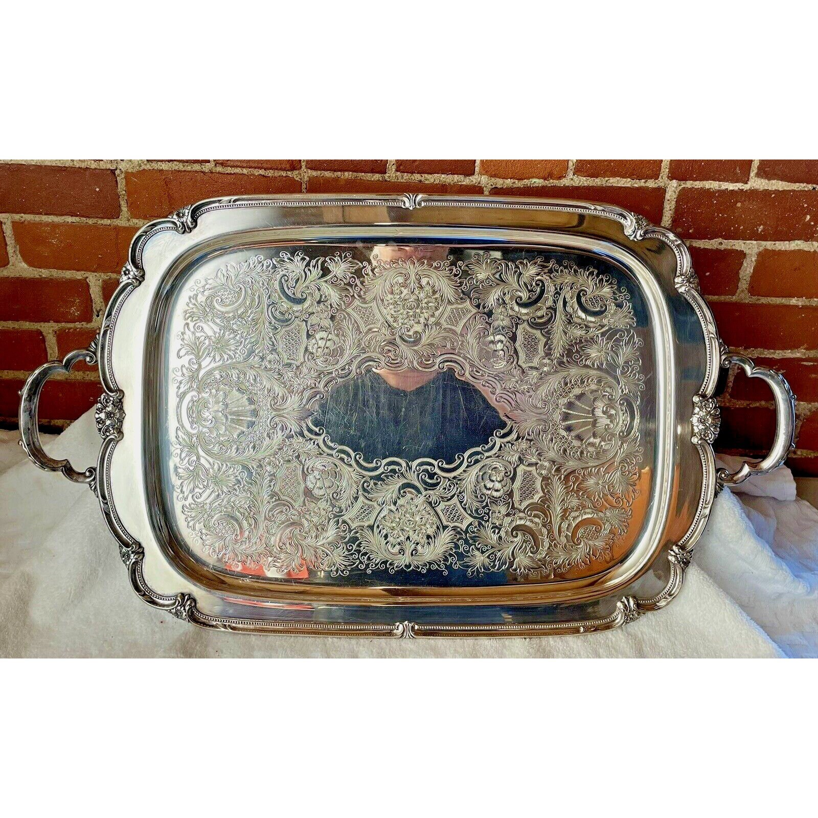 Large Antique Silver Plated Butlers Serving Tray Handled Ornate Rogers ...