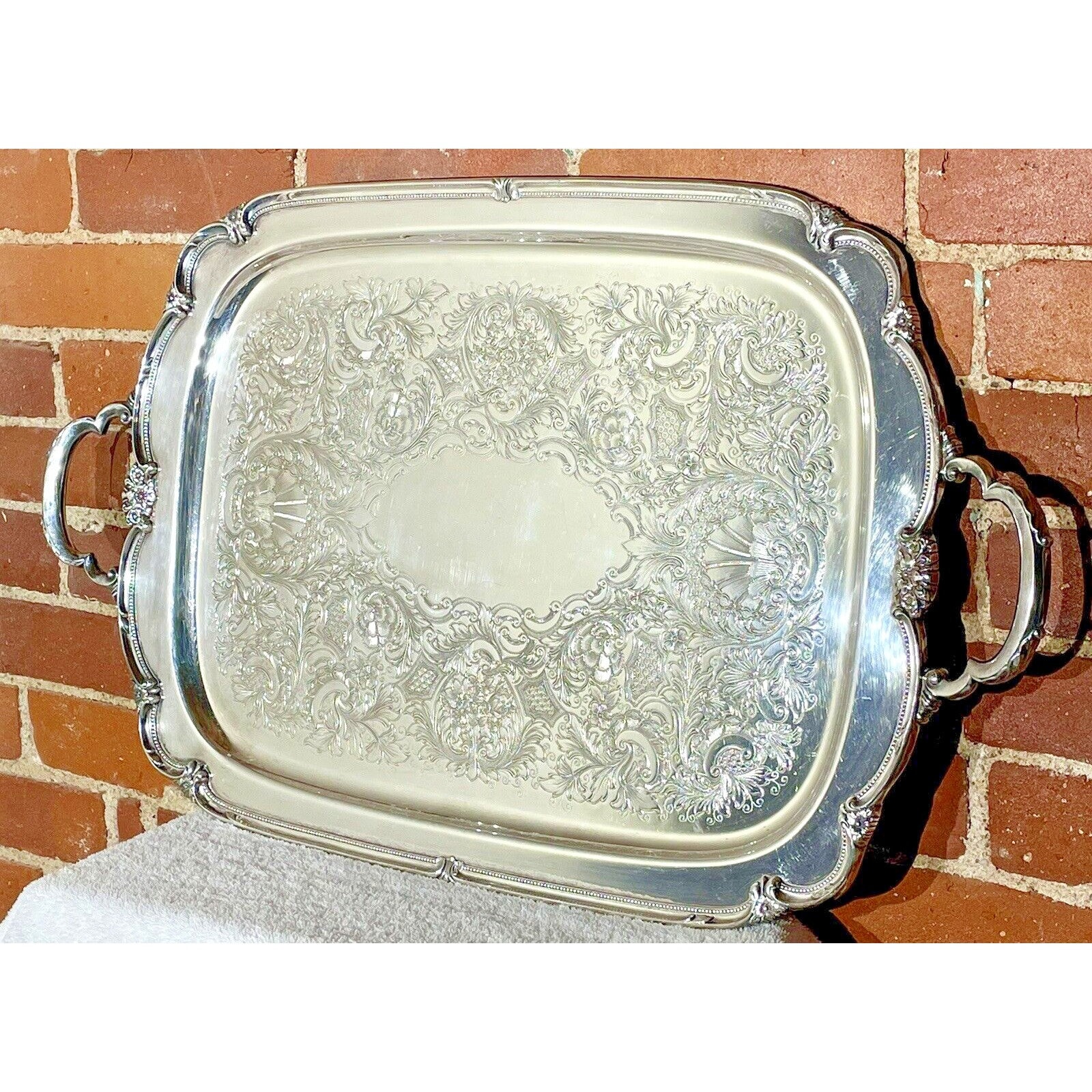 Large Antique Silver Plated Butlers Serving Tray Handled Ornate Rogers ...