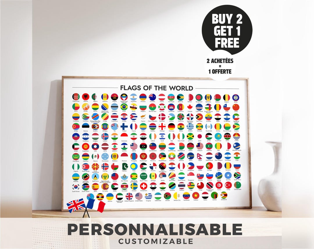 Poster the 195 Flags of the World of the UN Member Countries French ...