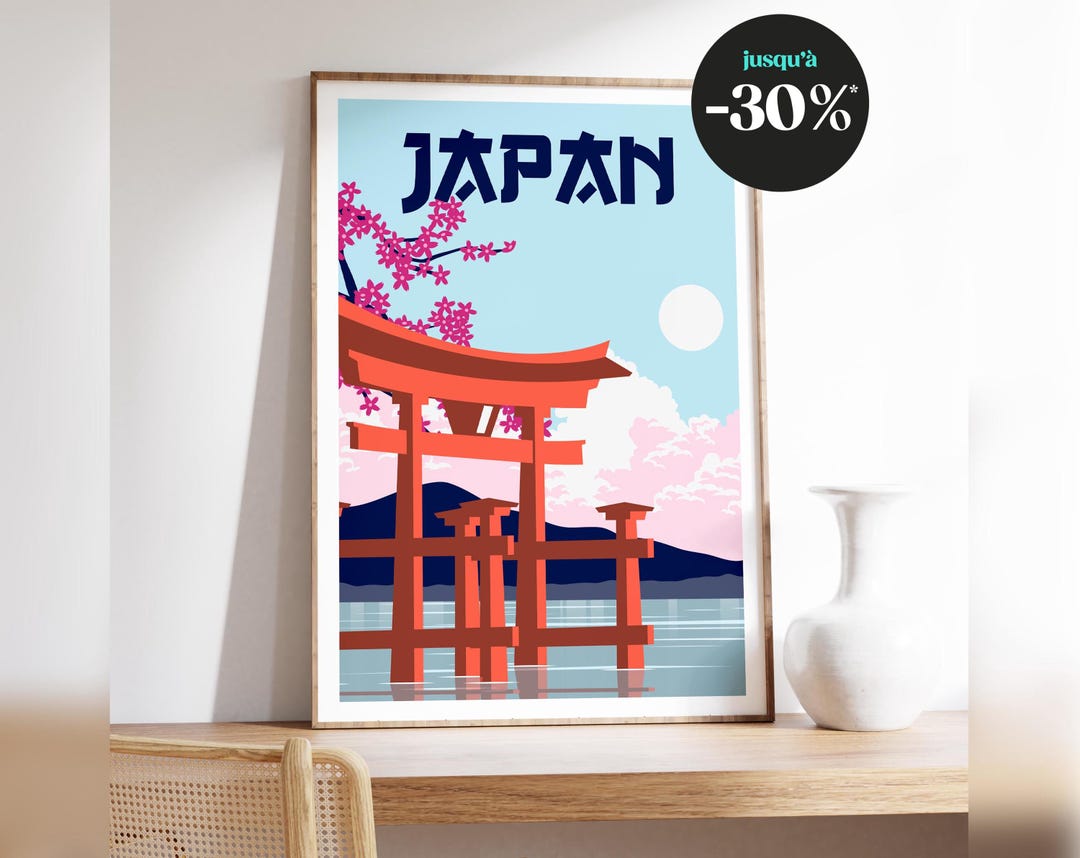 Illustrated Japanese Landscape Poster - Torii and Cherry Blossom, Zen ...