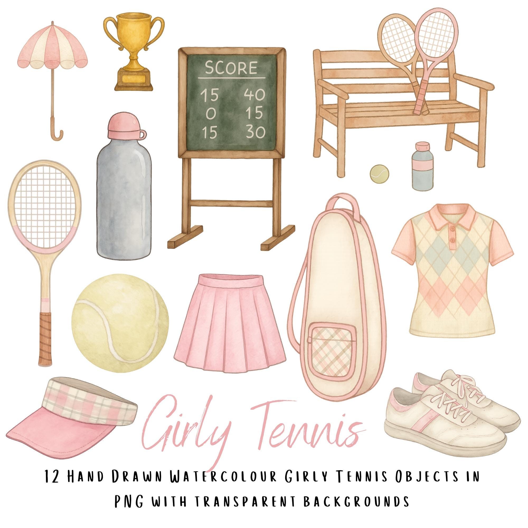 Girly Tennis Clipart Set | 12 Hand Drawn Watercolor Tennis ...