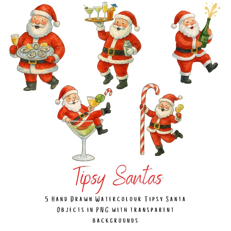 5 Tipsy Santa Clip Art Pngs | Watercolor Christmas Party Graphics ...