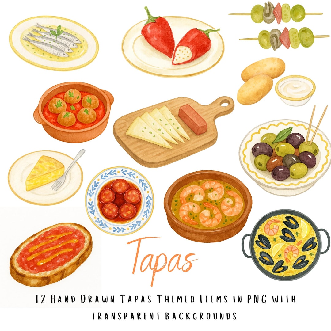 12 Watercolour Tapas Clipart – Hand-drawn Spanish Food Pngs With ...