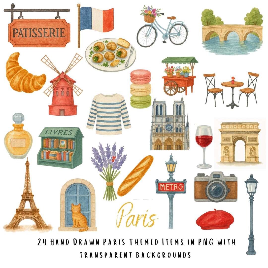 Paris Clipart Set – 24 Hand-drawn Watercolor Pngs With Transparent ...