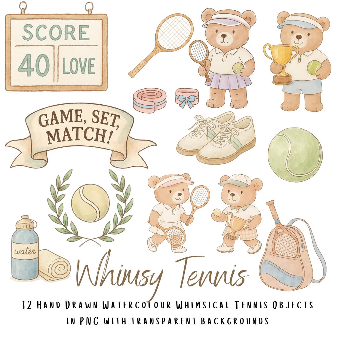 Whimsical Tennis Clipart Set | Watercolor Sports Bears, Rackets ...