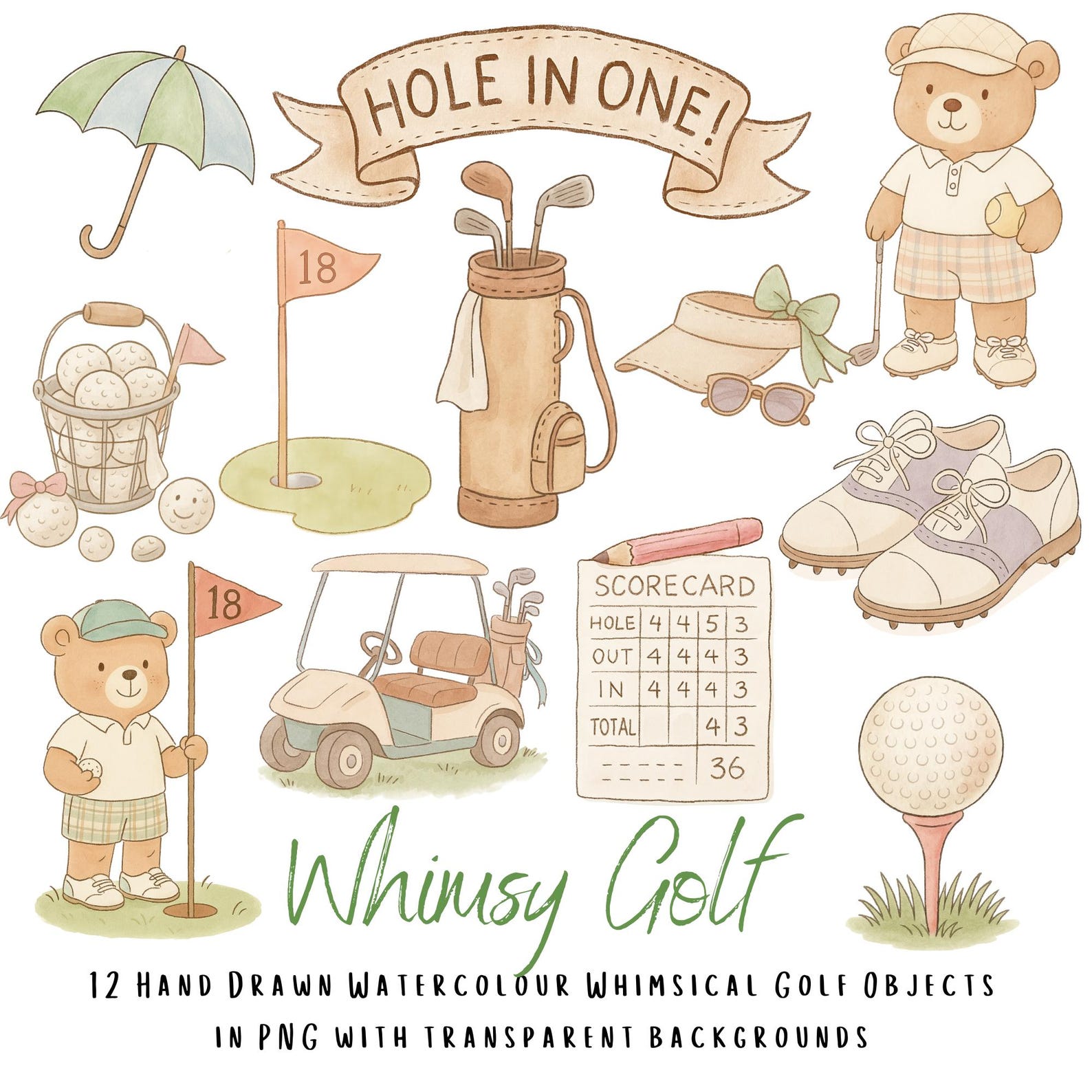 Whimsical Golf Clipart Set | Watercolor Sports Bears, Golf Cart, Clubs ...
