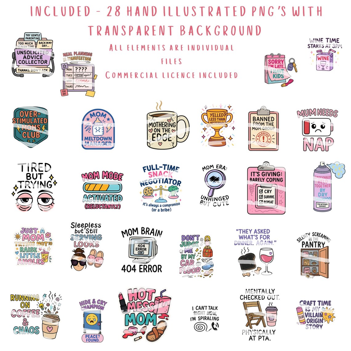 28 Mum Life Clip Art PNG Bundle | Snarky, Hand-drawn Digital Stickers ...
