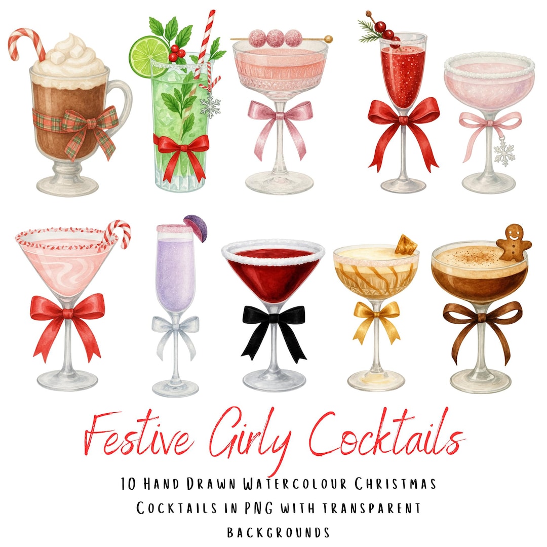 Christmas Cocktail Clip Art – 10 Festive Girly Drinks – Watercolor ...