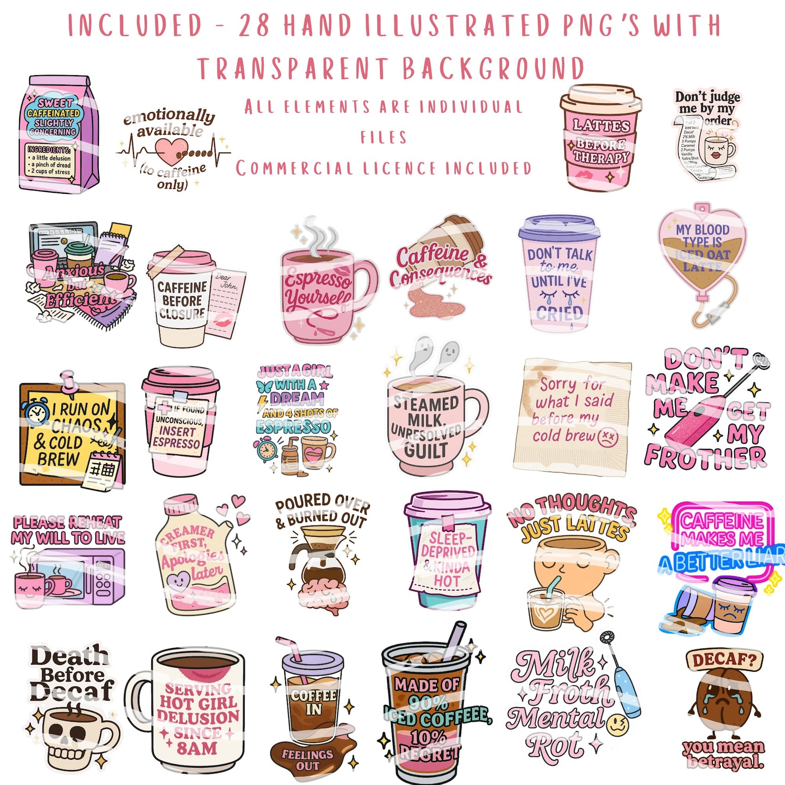 28 Coffee Core Clip Art PNG Bundle | Funny Caffeine Sticker Graphics ...