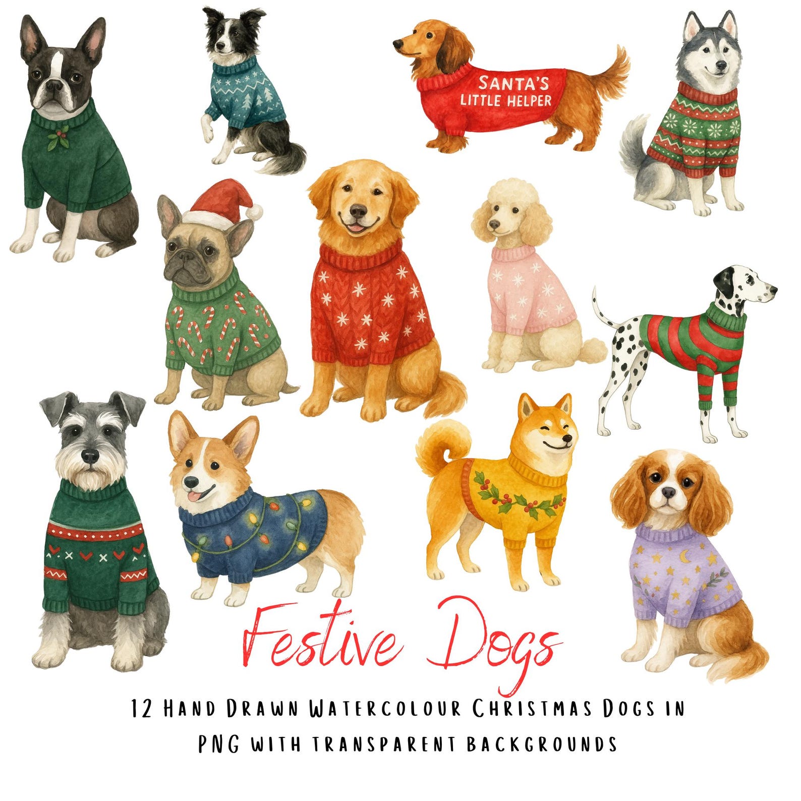 Christmas Dog Clip Art – 12 Hand Painted Festive Dogs in Sweaters ...