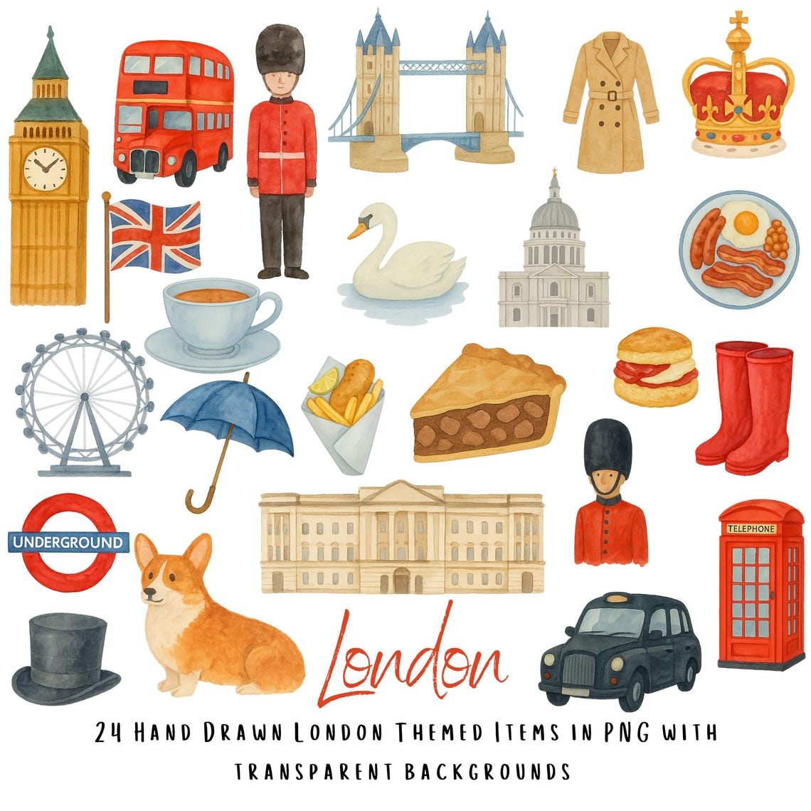 London Clipart Set – 24 Hand-drawn Watercolor Pngs With Transparent ...