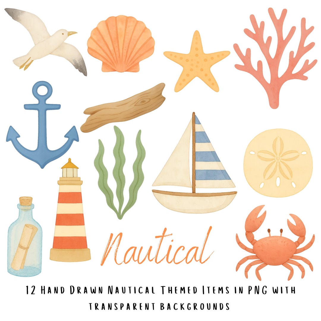 Nautical Clipart Set – 12 Hand-drawn Watercolour Pngs With Transparent ...