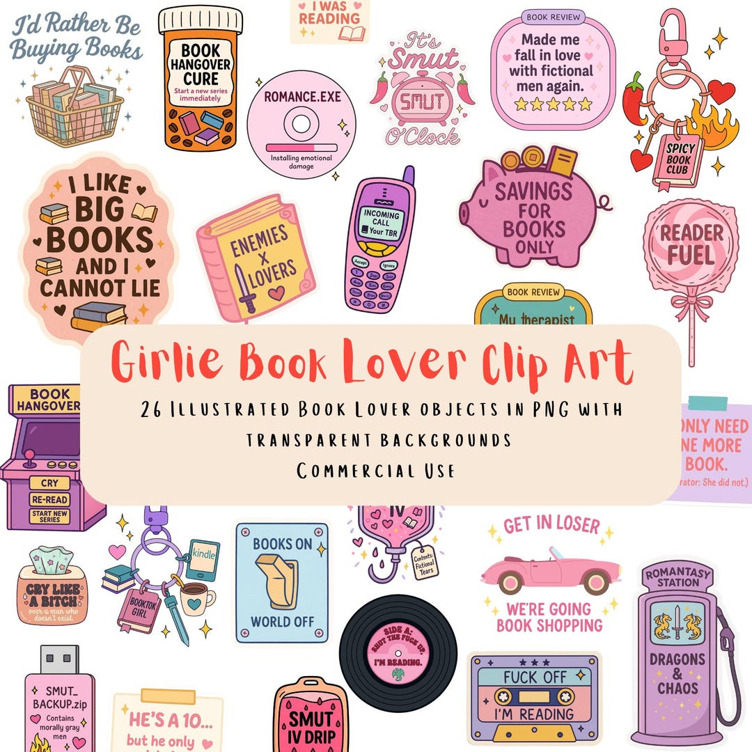 26 Girlie Book Lover Clipart PNG Bundle | Romance Reader | Booktok Smut ...