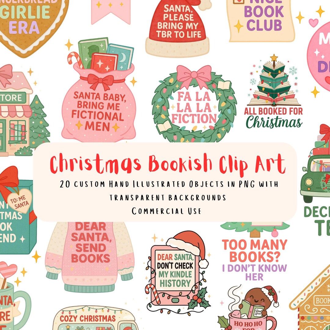 20 Christmas Bookish Clip Art Pngs | Holiday Reading Stickers ...