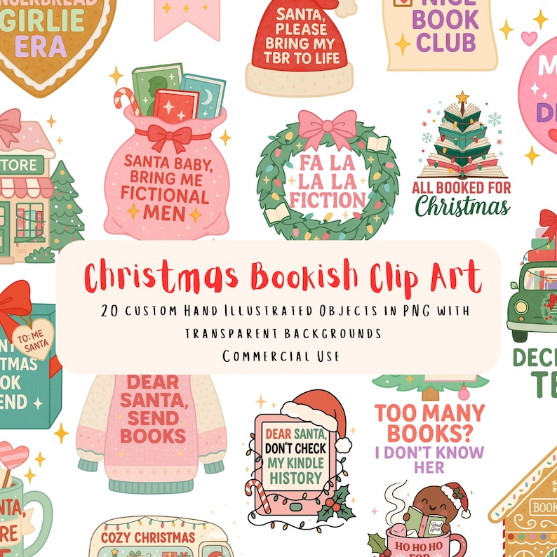 20 Christmas Bookish Clip Art Pngs | Holiday Reading Stickers ...