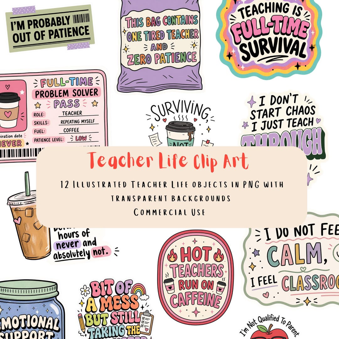 12 Teacher Clipart PNG Bundle | Funny Teacher Quotes | Teacher Life ...