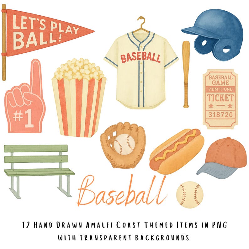 Baseball Clipart Set – 12 Hand-drawn Watercolor Pngs With Transparent ...