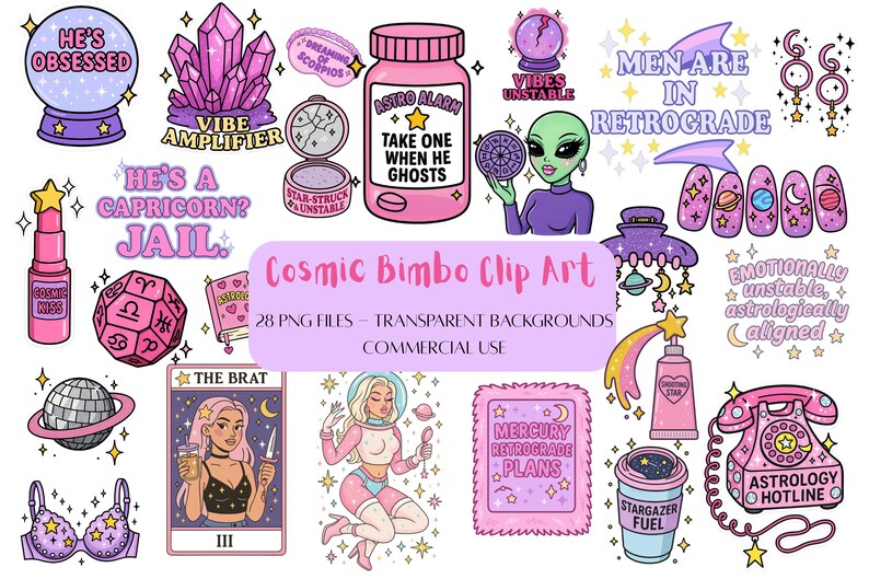 Cosmic Bimbo Clip Art | Astrology PNG Bundle | Star Sign Humor ...