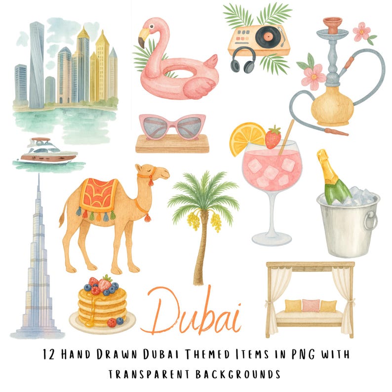 12 Dubai Clipart PNG – Watercolour City & Desert Illustrations With ...