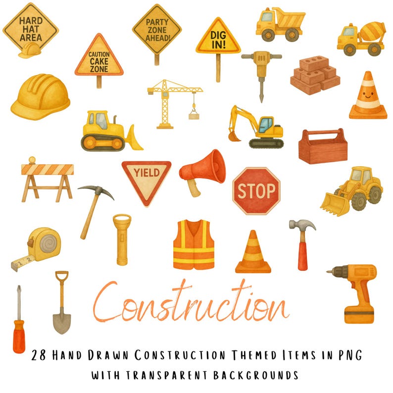 Construction Party Clipart – 28 Hand-drawn Watercolor Pngs With ...