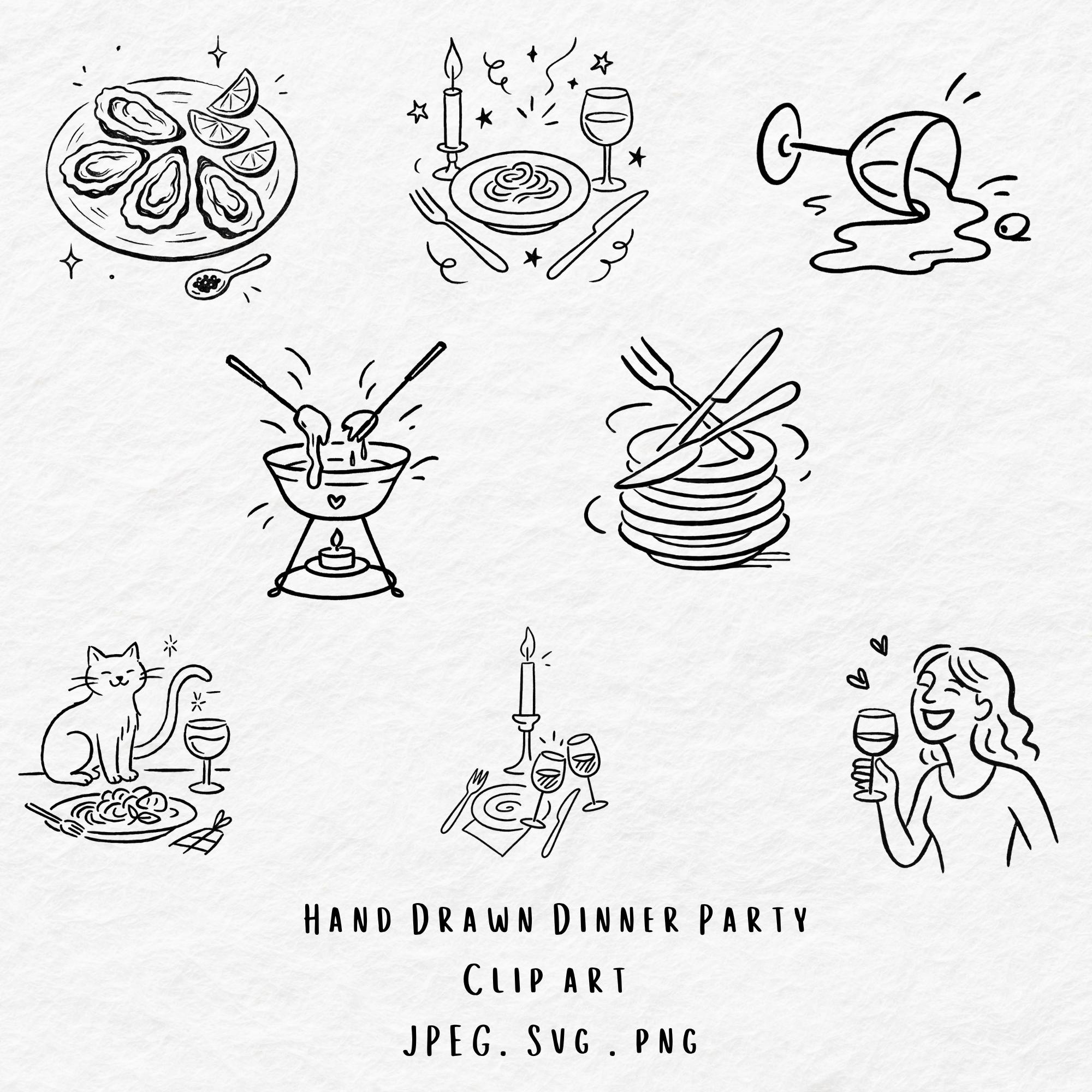 Whimsical Dinner Party Clipart – Hand Drawn Table Setting SVG PNG JPG ...