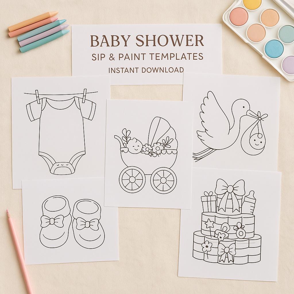 Baby Shower Coloring Pages – Sip & Paint Party Templates – Instant ...
