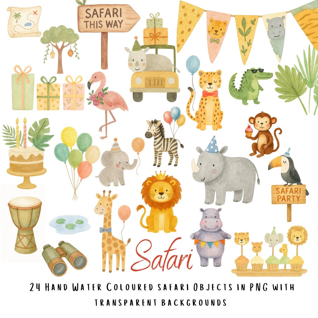 Safari Clipart Set – 24 Hand-drawn Watercolor Pngs With Transparent ...