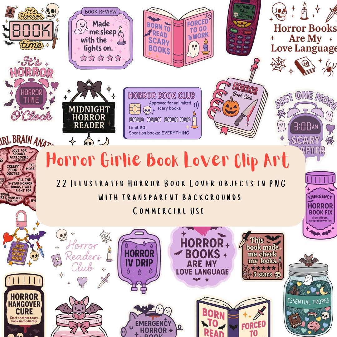 22 Horror Book Lover Clipart PNG Bundle | Spooky Reader Graphics ...