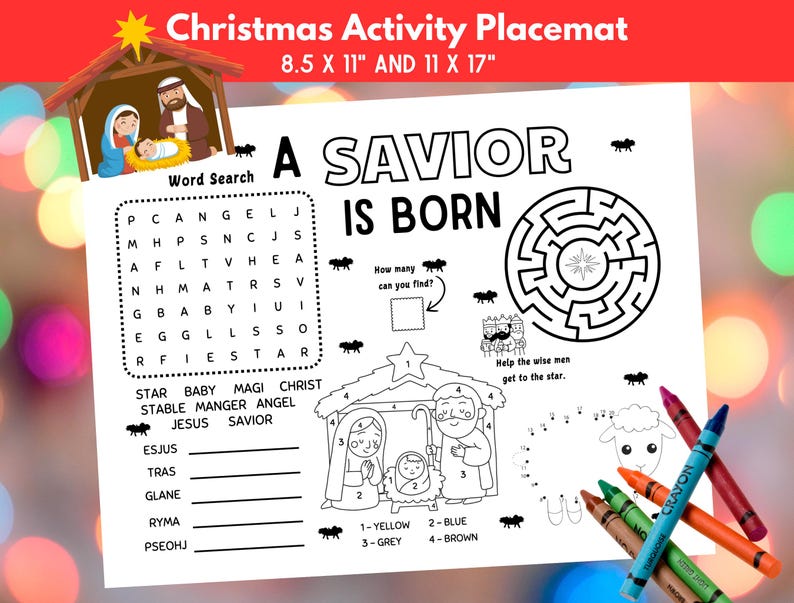 Nativity Christmas Activity Placemat, Sunday School Bible Coloring ...