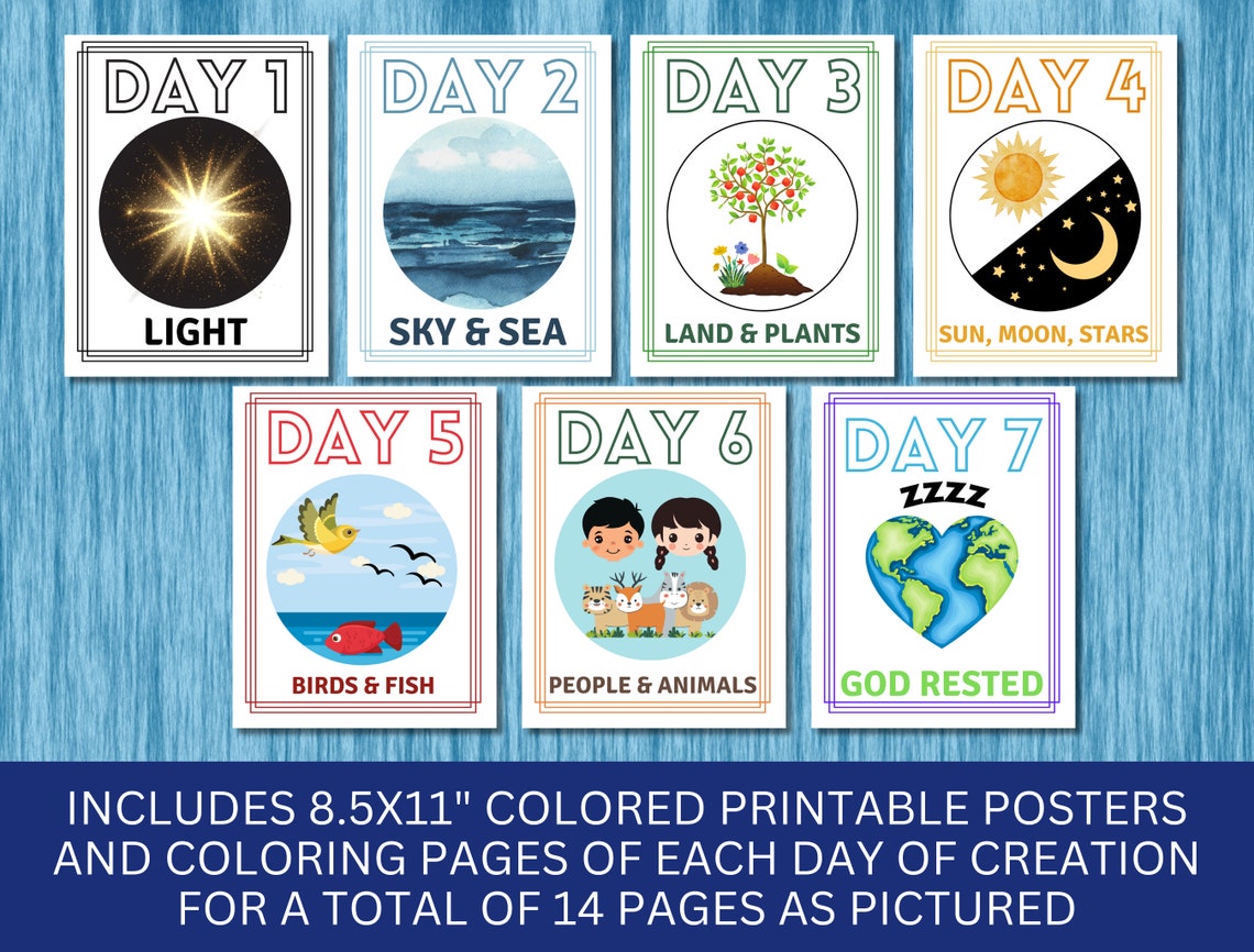 Days of Creation Kids Bible Coloring Pages, 7 Days of Creation Posters ...