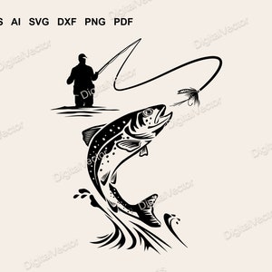 Fly Fisherman Landing Trout SVG PNG DXF vector graphic design cut file ...