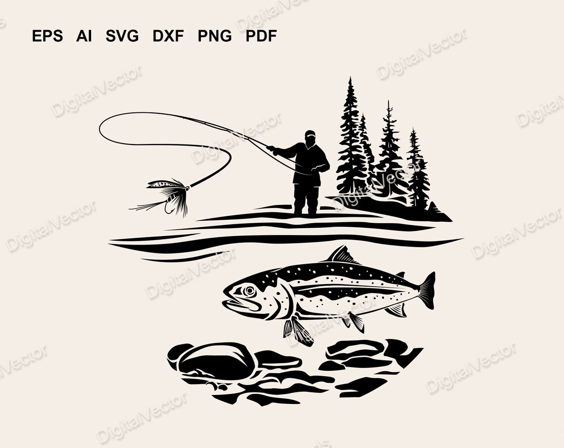 Fly Fishing Silhouette Vector Design Trout Mountain River - Etsy