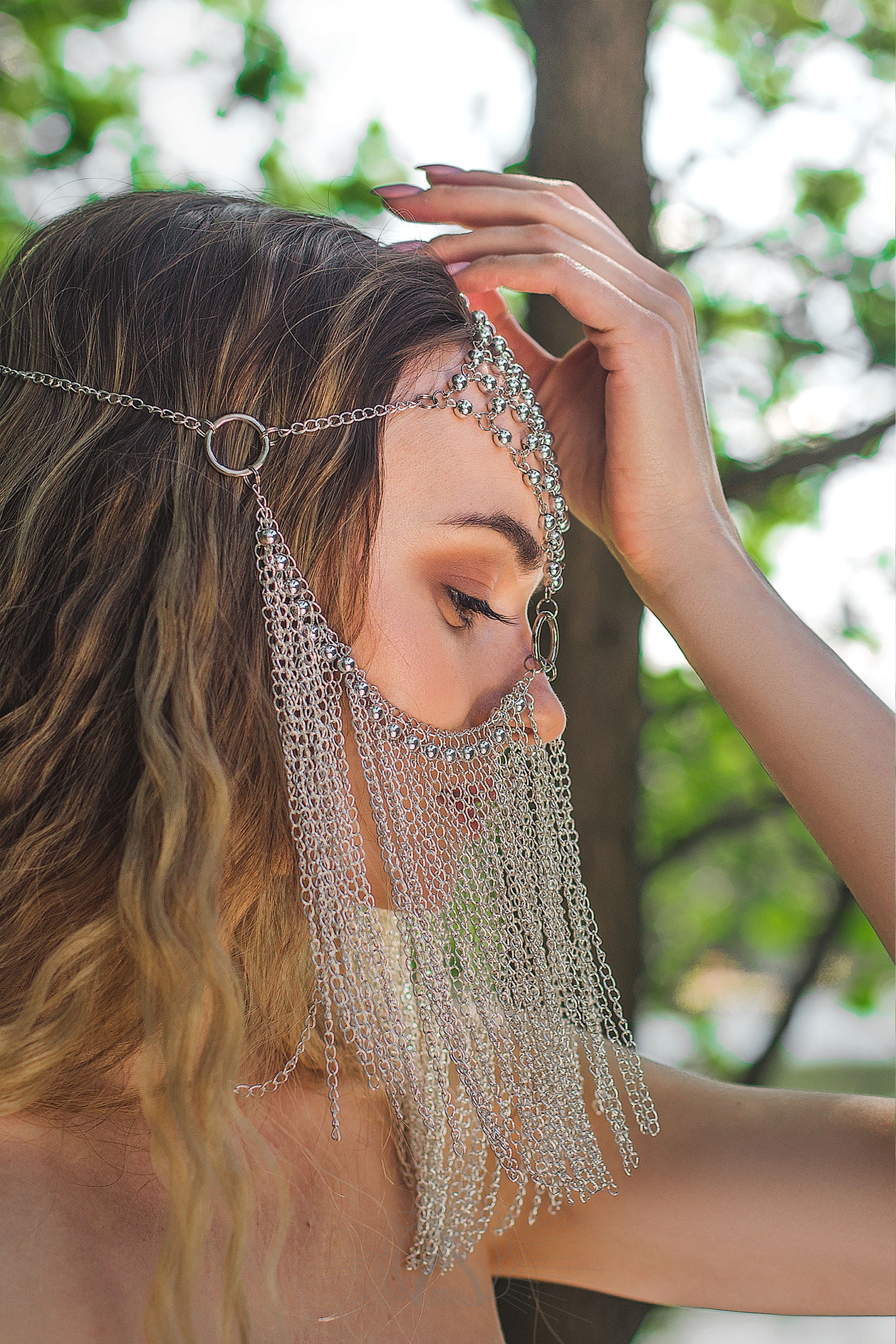 Silver face chain veil Chain full face mask Bellydance | Etsy