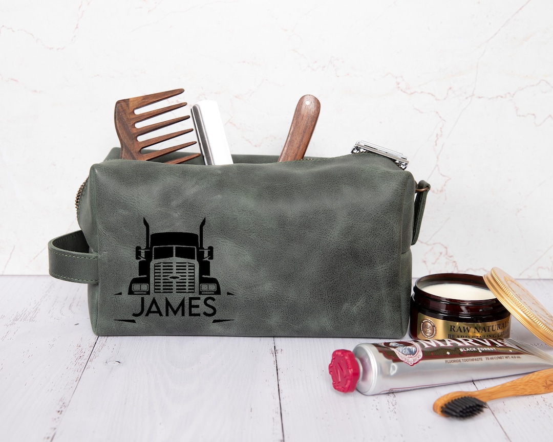 Personalized Leather Toiletry Bag for Truck Drivers, Truck Dad ...