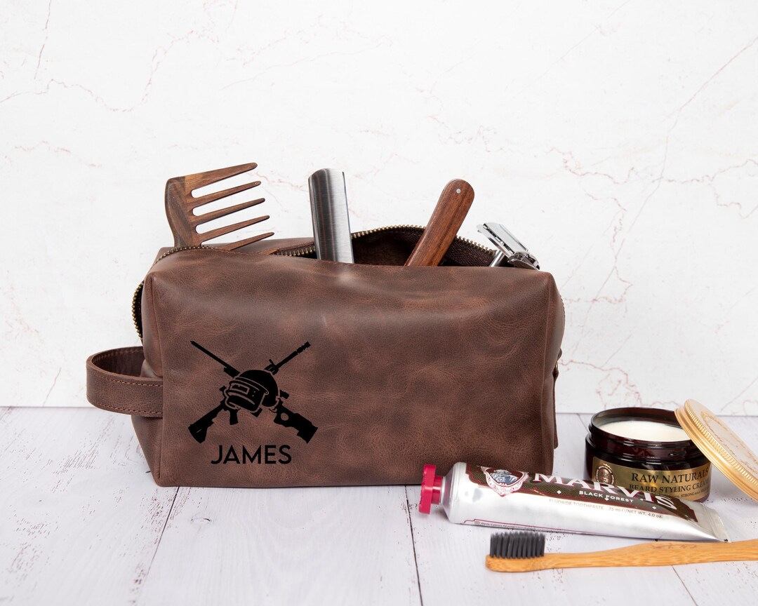 Personalized Leather Dopp Kits for Pubg Gamer, Custom Leather Toiletry ...