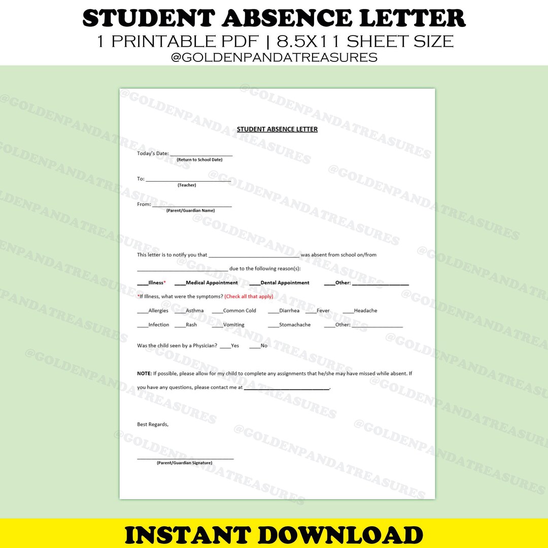 Student Absence Letter Printable Sick Note Absent Letter School Note 